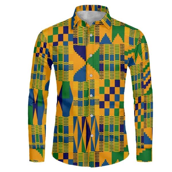 商品名:  AmzPrint African Kente Shirts for Men Tribal Wedding Dress Shirts Slim Fit Long Sleeve Stretch Casual Button Down ...