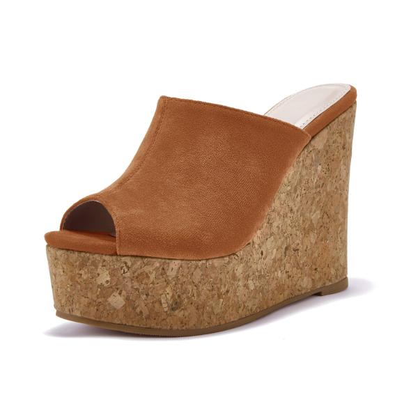 商品名:  LAICIGO Womens Wedge Platform Slide on Sandals Open Toe Cork Faux Suede Dress Summer Slippers Shoes,Brown,Size 7.5...