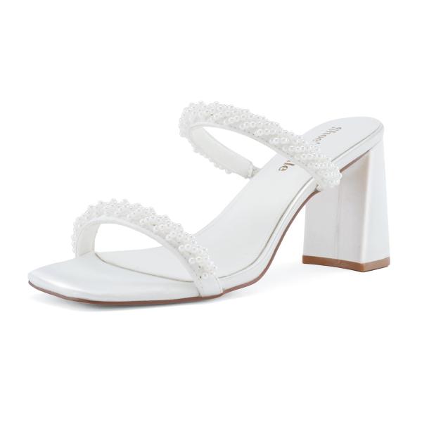 商品名:  Shoe'N Tale Pearl Strappy Heels for Women Two Band Chunky Block Heeled Sandals Square Open Toe Backless Mules Slip...