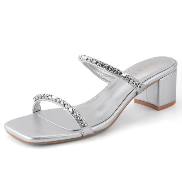商品名:  Shoe'N Tale Strappy Heels for Women Square Open Toe Two Strap Low Block Heel Slip on Dressy Sandals Shoes(7.5,Silv...