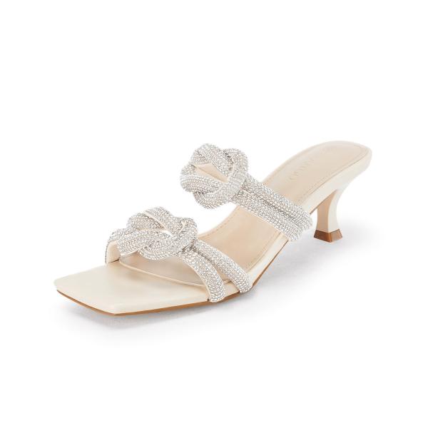 商品名:  Coutgo Womens Kitten Heels Rhinestone Mules Sandals Open Square Toe Dressy Summer Slip on Wedding Party Shoes, Bei...