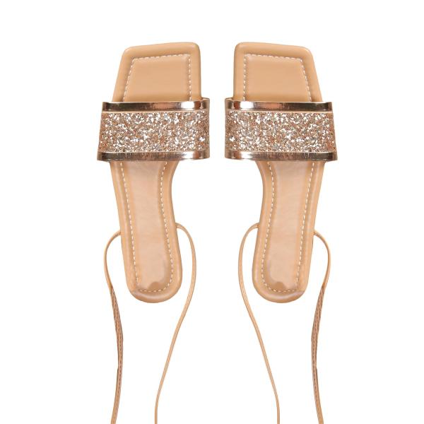 商品名: OYOANGLE レディース スパンコール キラキラ スクエア オープントゥ レースアップ ストラップ フラットサンダル ファッション タイレッグサンダル, シャンパン(Chartreuse), 7.5 OYOANGLE Wome...