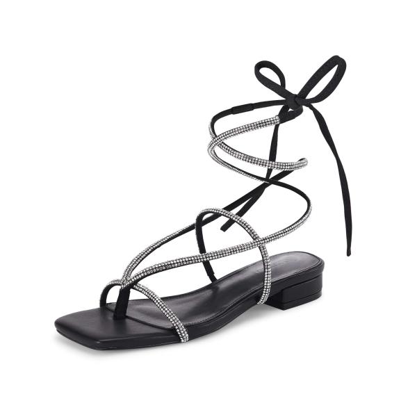 商品名:  Coutgo Womens Lace Up Flat Sandals Square Open Toe Rhinestone Strappy Dressy Summer Thong Sandals, Black, Size 8ブラ...