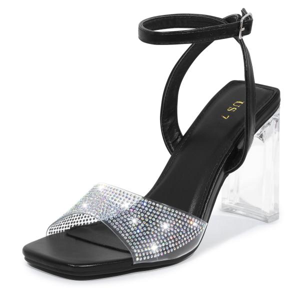 商品名: Allegra K レディース クリアヒール ラインストーン アンクルストラップ スクエアトゥサンダル, ブラック, 24 Allegra K Women's Clear Heels Square Toe Black Rhines...