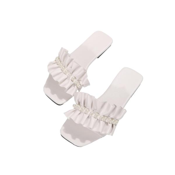 商品名: GORGLITTER レディース ラッフルトリム フラットサンダル フェイクパール 装飾 オープントゥ スライドサンダル カジュアル サマースリッパ, ホワイト, 7.5 GORGLITTER Women's Ruffle Tri...