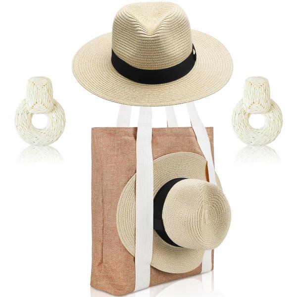 商品名: Cosblank 3個 サマーストロービーチバッグ ワイドブリム パナマハット イヤリングセット トラベルラタン ビーチトート 帽子ホルダー付き ストラップ付き ボーホー ビーチハット イヤリング レディース ライトカーキ, ライ...