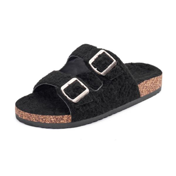 商品名:  Putu Women's Open Toe Slippers Fuzzy Cork Slide Sandals Fluffy Slides with Arch Support Black size 6.5ブランド: Putu商品...