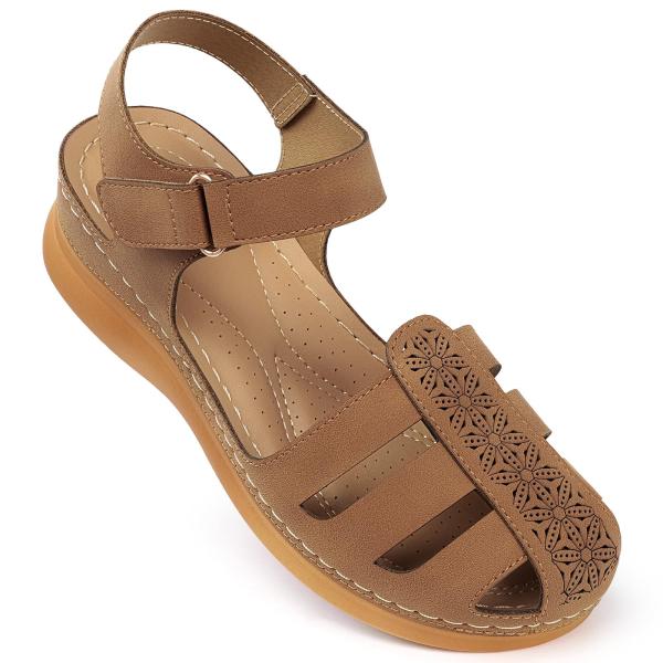 商品名:  SHIBEVER Brown Sandals for Women Dressy: Closed Toe Summer Wedge Size 8 Leather Sandal Brown Non Slip Walking Wome...
