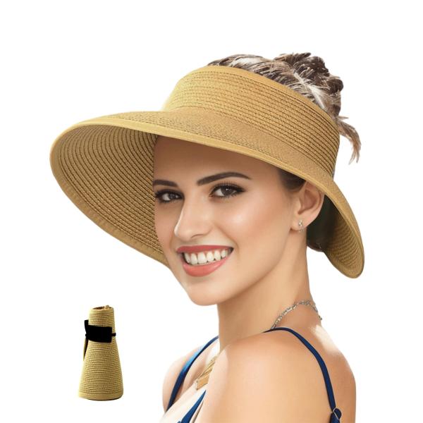 商品名:  Straw Sun Visor Hats for Women, Pakcable Roll-Up Wide Brim Ponytail Summer Beach Hat, Straw Hats for Women UV Prot...