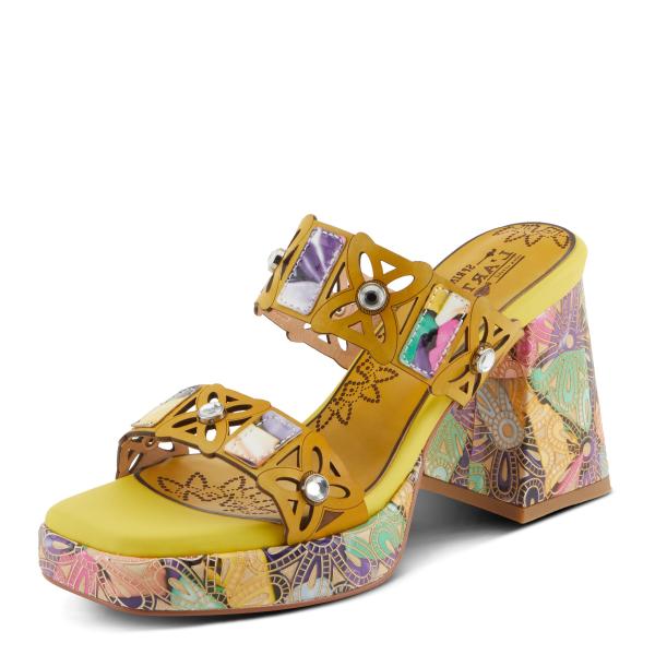 商品名:  Spring Step L'Artiste Women's ELLAH Double Band Sandals - Chunky Heel, Intricate Designs, Padded Insole Yellow Mul...