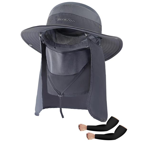 商品名: メンズ&amp;レディースフィッシングハット、アウトドア UV サンプロテクション ワイドブリムハット フェイスカバー&amp;ネックフラップ付き ハイキングビーチハット用, アップグレード-ダークグレー Fishing Hat ...