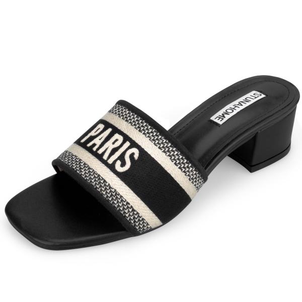 商品名:  STUNAHOME Women's Heeled Sandals Low Block Chunky Heels Woven Embroidered Square Toe Slip on Heel Sandals Mules Co...