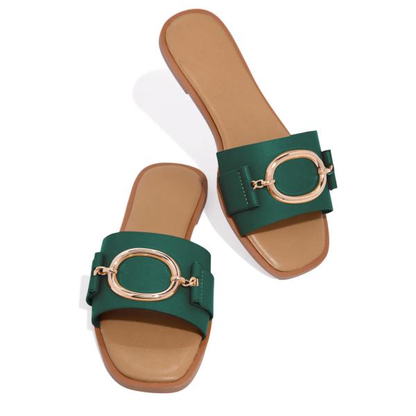 商品名:  Coutgo Womens Square Toe Dressy Summer Slide Sandals Flat Low Heel Big Metal Chain Slip On Party Slippers Shoes, G...