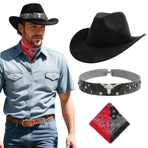 商品名:  DOCILA Black Cowboy Hat Bandana Set Men Western Felt Rancher's Hat Neck Scarf Country Rodeo Hats Wild Cowboy Costu...