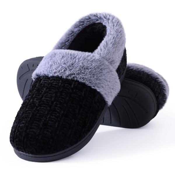 商品名:  Evshine Women's Fuzzy Memory Foam Closed Back Slippers Chenille Knit Fleece Lined House Shoes, Black, 38-39 (Size ...