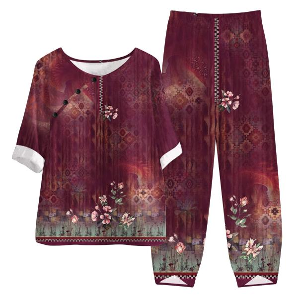 商品名:  Two Piece Sets for Women Summer Cotton Linen Outfits Vintage Floral Printed Lounge Set Short Sleeve Shirt Pant Win...