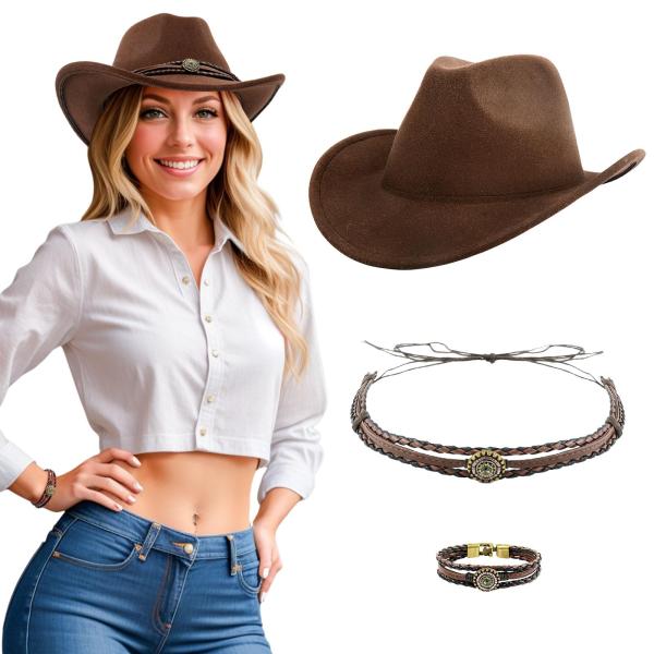 商品名:  DOCILA Brown Cowboy Hat Men Women with Removable Pu Leather Rhinestone Hat Strap &amp; Wrap Bracelet Set Western C...
