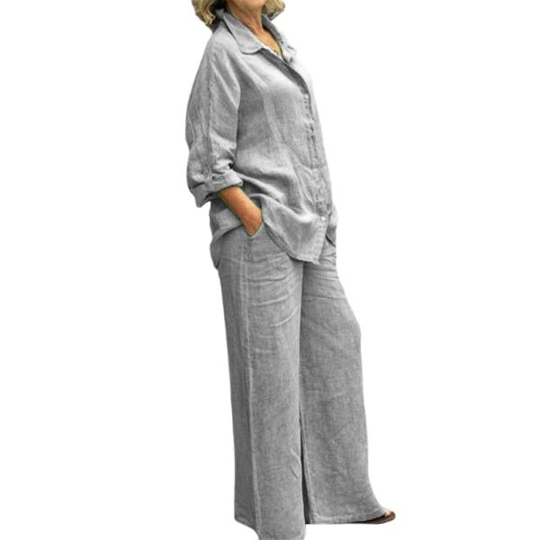 商品名:  PORCLAY Womens 2 Piece Linen Pants and Shirt Set Ladies Grey Button V Neck Shirts Tops Set Linen Pants Suits for W...