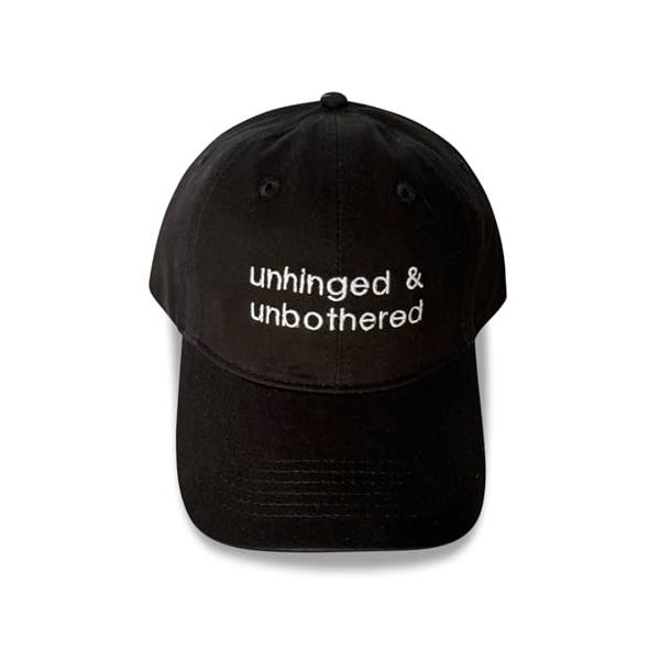 商品名:  ValDesigns Unhinged and Unbothered Black Embroidered Unstructured Dad Hat | Viral Hat, Funny Hat, Parody Hat Perfe...