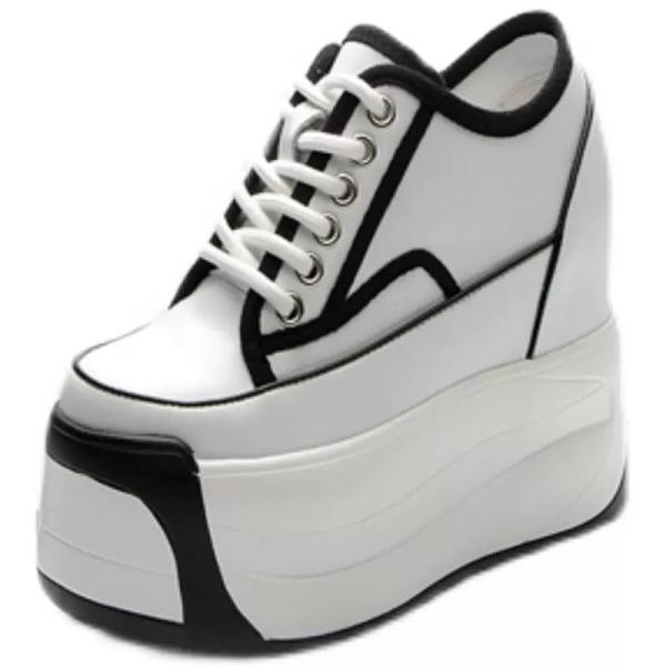 商品名: 春秋新作韓国スタイルファッションウェッジ高さ増加プラットフォームレースアップ本革レディースシューズレディーススニーカー20240117, ホワイト, 8 Spring Autumn New Korean Style Fashion...