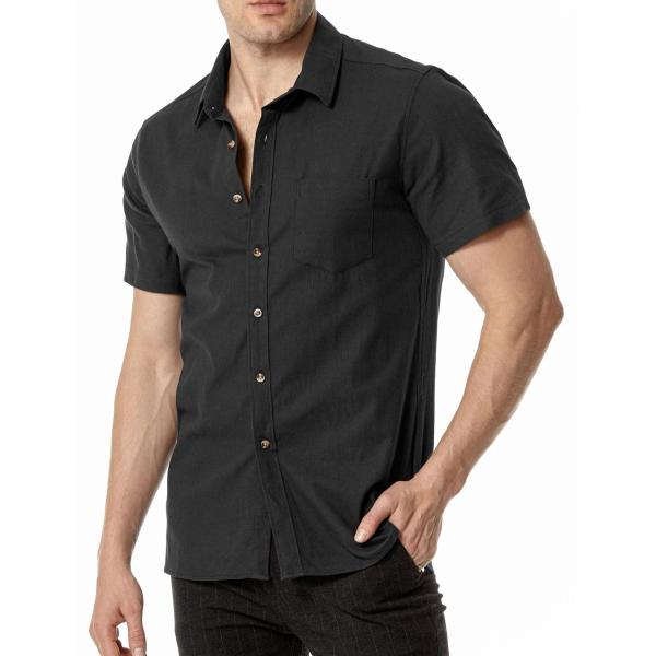 商品名:  JEMITOP Men's Summer Cotton Linen Short Sleeve Slim Fit Button Down Shirts with Pockets for Vacation Beach Black X...