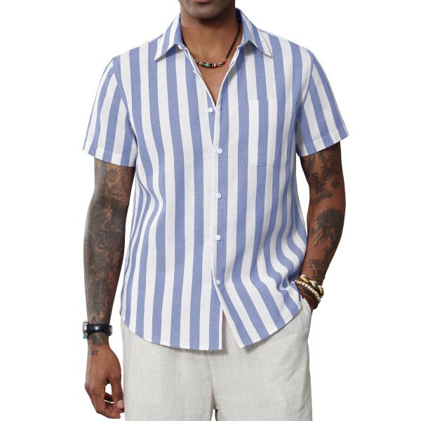 商品名:  J.VER Men's Cotton Linen Short Sleeve Shirts Lightweight Casual Striped Button Down Shirt Beach Summer Tops with P...