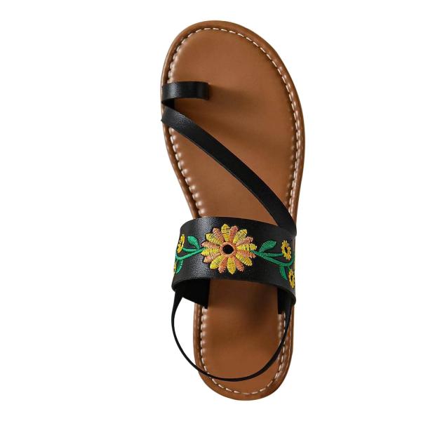 商品名:  Floral Embroidered Toe Ring Slide Sandal for Women Summer Casual Flat Beach Shoes Comfy Elastic Strap Flip Flopsブラ...