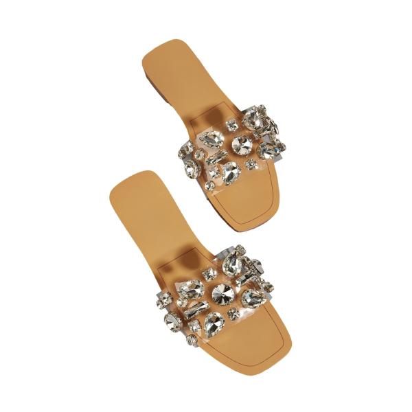 商品名: Verdusa レディース ラインストーン クリア フラット サンダル スクエアトゥ スライドサンダル, シルバー, 9.5 Verdusa Women's Rhinestone Clear Flat Sandals Square...