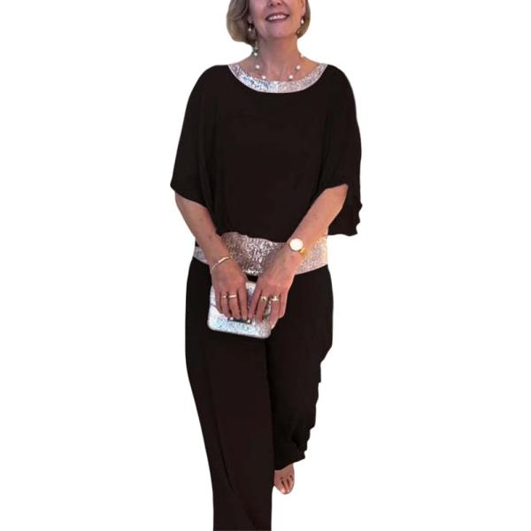 商品名:  ZOCAVIA 2 Piece Outfits Womens Shirt Wide Legged Pants Set Crew Neck 2pcs Sequin Patchwork Chiffon Batwing Sleeves...