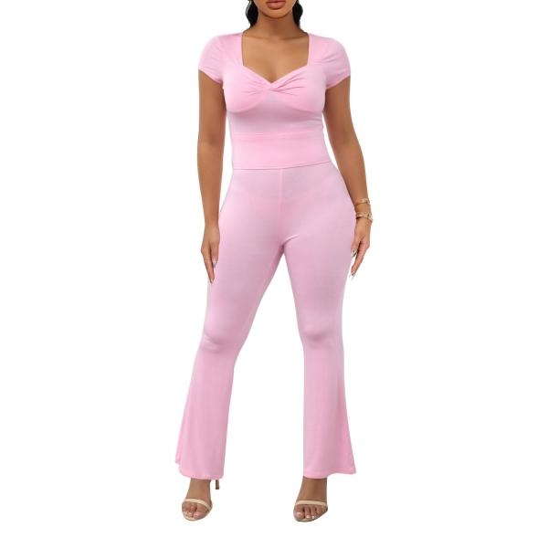 商品名:  Salimdy Women's 2 Piece Outfits Summer Short Sleeve Crop Top Flare Pants Y2K Lounge Set Yoga Tracksuit Pink Mブランド:...