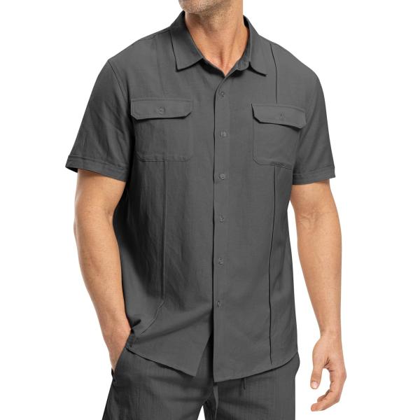 商品名:  TBMPOY Mens Linen Button Down Shirts Short Sleeve Summer Beach Shirt Casual Hawaiian Dress Shirts for Men with Two...