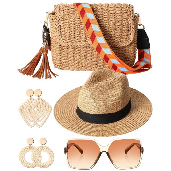 商品名: Glitopper ストロービーチバッグとつば広麦わらサンハット ラタンボーホーイヤリングサングラスセット サマーショルダーバッグ ビーチ パッカブル トラベルハット ビーチイヤリング レディース 夏 ビーチ バケーション, 画像...