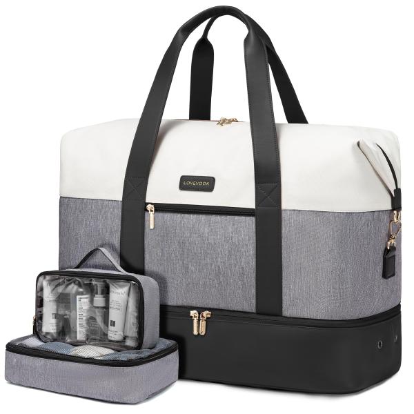 商品名: LOVEVOOK ウィークエンダーバッグ Lサイズ トラベルダッフルバッグ レディース パッキングキューブ2個付き キャリーオンバッグ 靴入れ付き 母親の病院バッグ 分娩用, ブラック-グレー-ホワイト。, 46L-3Pcs LO...