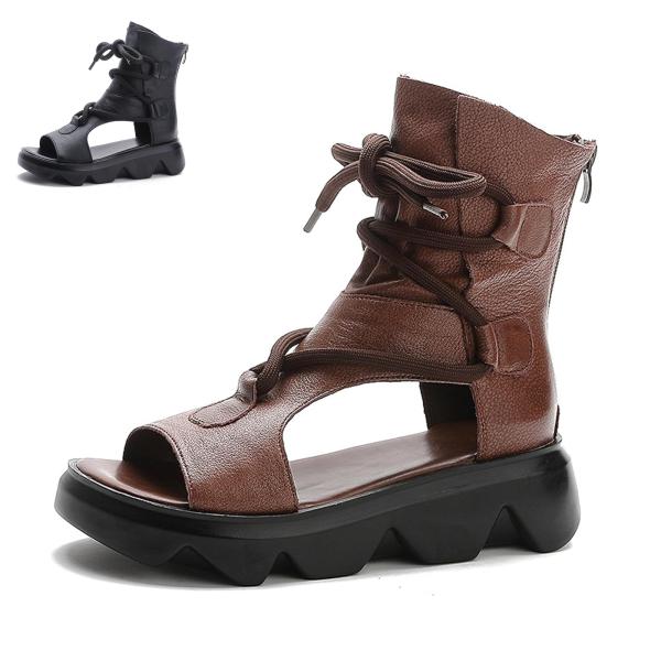 商品名:  Women's Leather High Top Platform Sandals Vintage Casual Open Toe Lace Up Back Zipper Chunky Wedge Booties Comfort...