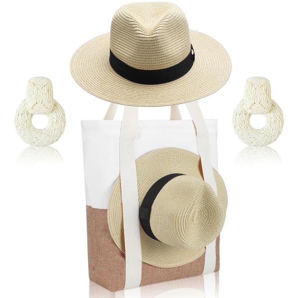 商品名: Cosblank 3個 サマーストロービーチバッグ ハットホルダーセット ビーチバッグ 帽子ホルダー付き イヤリング 女性用 トラベルハットセット, ホワイトとカーキ, 1 Cosblank 3 Pcs Summer Straw ...