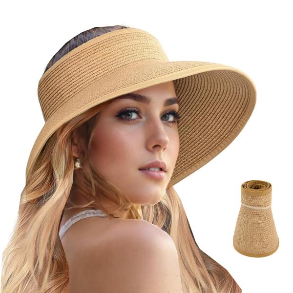 商品名:  SAISI Straw Sun Visor Hats for Women, Women's Packable Wide Brim Beach Sun Hats Adjustable Sunhat Travel Foldable ...