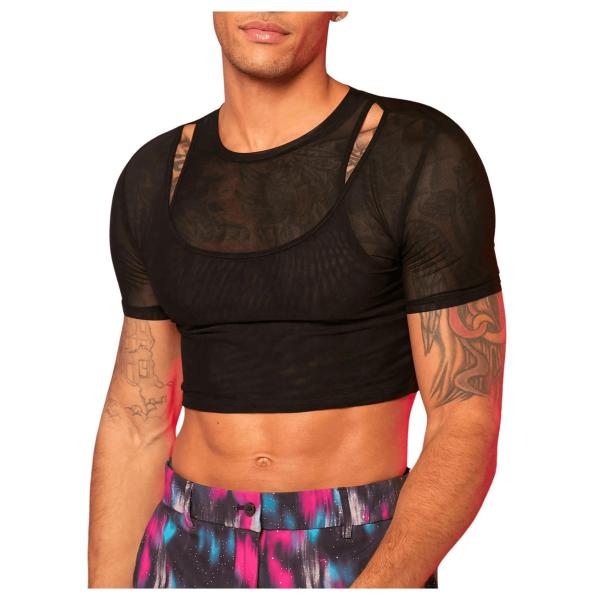 商品名:  OYOANGLE Men's Sheer Mesh Double Decked Crop Tee Top Short Sleeve Crewneck T Shirt Black Smallブランド: OYOANGLE商品サイズ:...