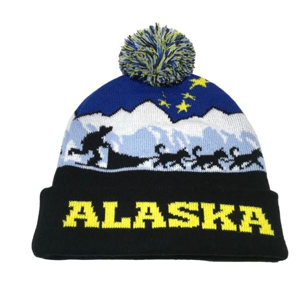 商品名:  Generic Alaska Beanie Knit Hat Big Dipper Husky Sled Dogs Dogteam Mushing Blue Gold Black Pom Pom, 5 7/8ブランド: Gene...