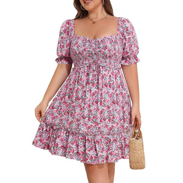商品名:  Plus Size Sun Dress Summer Easter Casual Cute Puff Sleeve Pink Floral Babydoll Smocked Skater Flowy Short Mini Dre...