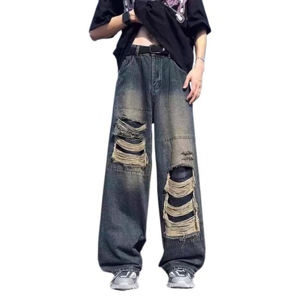 商品名:  Hugboom Mens Baggy Y2k Jeans Straight Leg Ripped Low Waisted Loose Jeans Fashion Vintage Casual Pants Blue-XLブランド:...