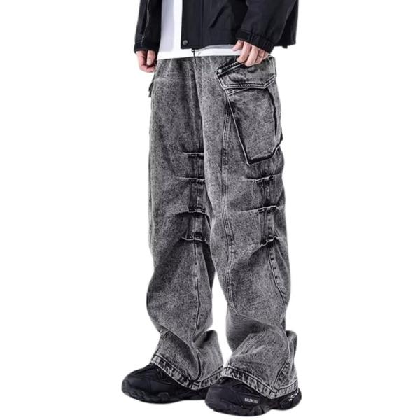 商品名:  Hugboom Cargo Pants Y2k for Men Baggy High Waisted Denim Jeans Harajuku Gothic Fashion Streetwear Emo Jeans Grey(L...