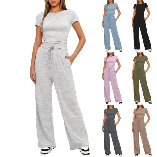 商品名:  Lounge Sets for Women 2 Piece Short Sleeve Y2k Ruched Crop Tops Drawstring Straight Wide Leg Pants Set Summer Two ...