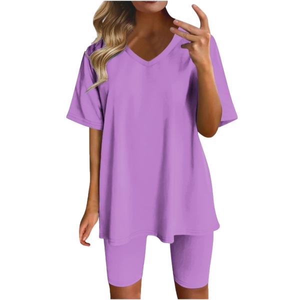商品名:  QACKNE Today 2 Piece Sets for Women Summer Short Sleeve V Neck T Shirt Tops Biker Shorts Tracksuit Oversized Outfi...