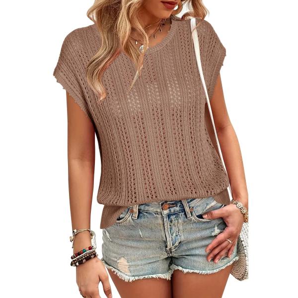 商品名:  Arach&amp;Cloz Womens Spring Summer 2024 Sweater Vest Cap Sleeve Crew Neck Fashion Casual Sleeveless Trendy Croche...