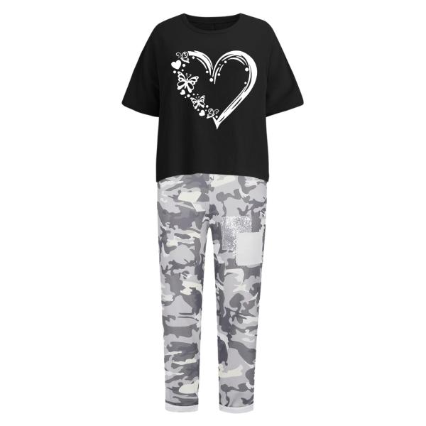 商品名:  Cute Summer Outfits for Women Love Heart Print Linen Crewneck T-Shirt and Pants Casual Loose Tracksuit Comfort Wor...