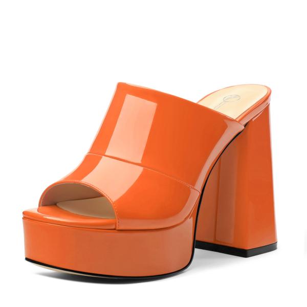 商品名: CDXJHYMY レディース プラットフォーム チャンキーヒール サンダル スクエア オープントゥ ハイヒールサンダル スリップオン スライドドレス パーティー ウェディングシューズ, オレンジパテント, 10 CDXJHYMY ...