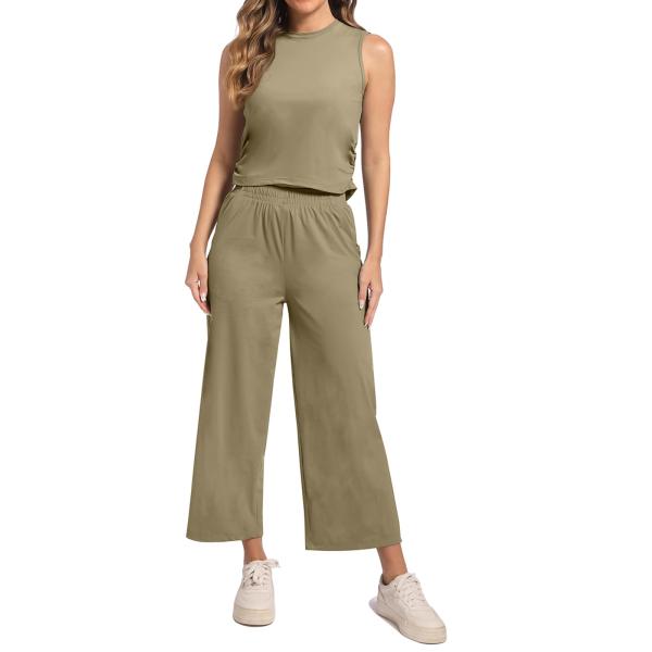 商品名:  YOOPOOYEE 2 Piece Sets for Women Yoga Ice Silk Wide Leg Jogger Outfits Tracksuit Workout Sets with Pockets Khaki L...