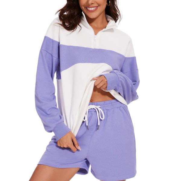 商品名:  Flygo Womens 2024 Summer 2 Piece Outfits Sweatsuit Lounge Set Colorblock Half Zipper Tops High Waisted Short Sets(...