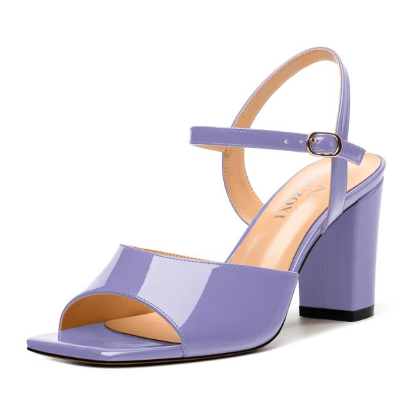 商品名: MISEZOXI レディース ヒールサンダル スクエアトゥ アンクルストラップ サンダル ハイブロック チャンキーヒール パーティー ウェディングドレス スリングバックサンダル 3.3, ラベンダーパテント。, 9 MISEZOX...