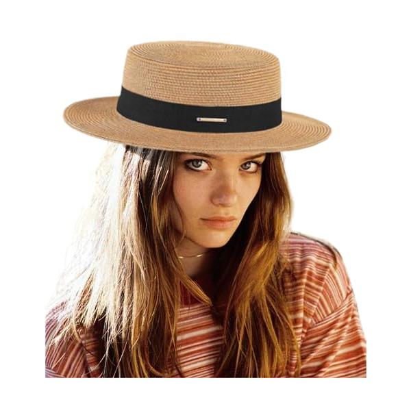 商品名:  Beach Straw-Fedora-Boater Sun-Hat for Women Men Flat-Top-Brim Panama-Hat Pork-Pie Summer Outdoor UV-Protectionブランド...
